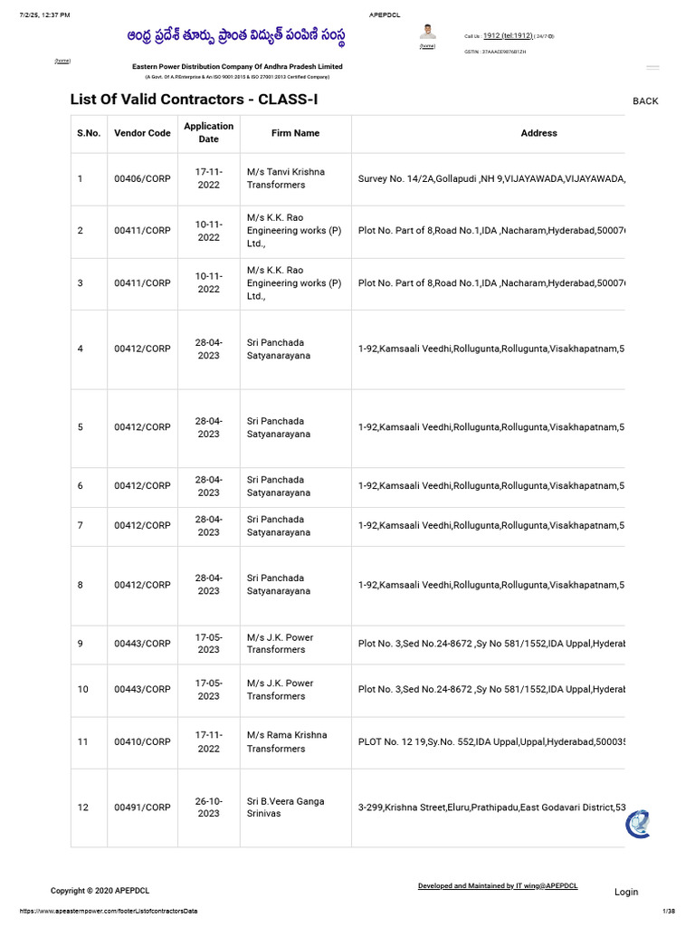 Valid Contractors List 2025 APEPDCL | PDF