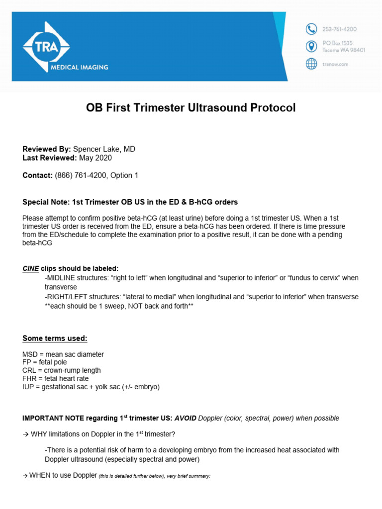 OB First Trimester Ultrasound Protocol May 2020 | PDF | Ovary | Pregnancy