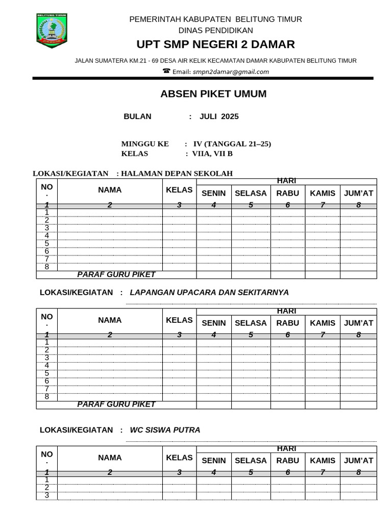 Absen Piket Umum Juli 2025 SMP Damar | PDF