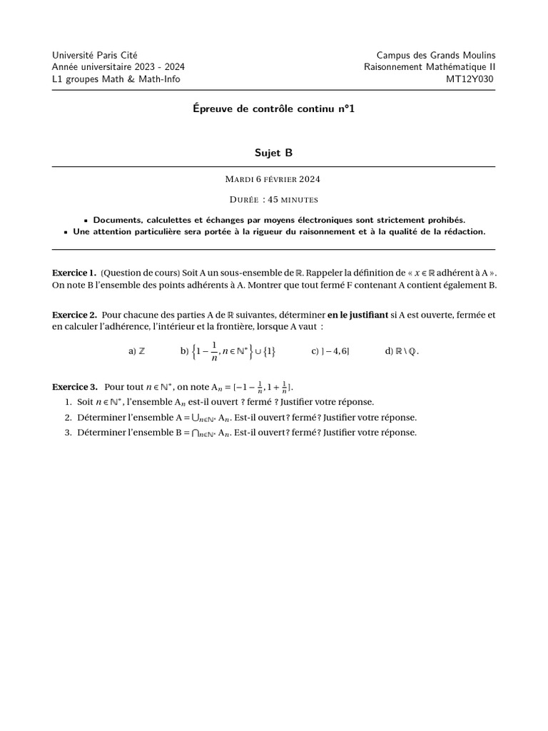 Contrôle Continu Mathématique n°1 | PDF