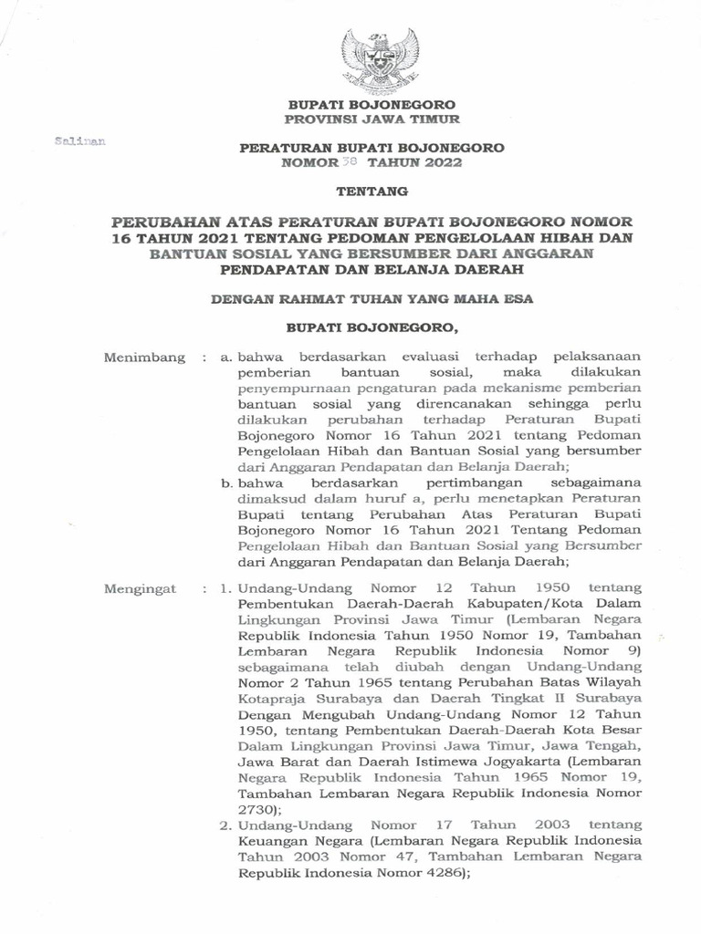 Perbub Nomor 38 THN 2022 TTG Perubahan Atas Perbub | PDF