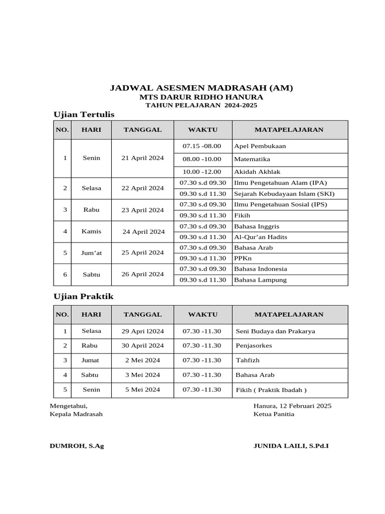 Jadwal Ujian MTS Darur Ridho 2024-2025 | PDF