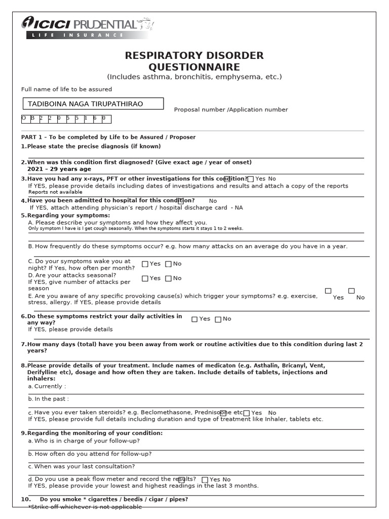 Respiratory Disorder Questionnaire Form | PDF | Bronchitis ...