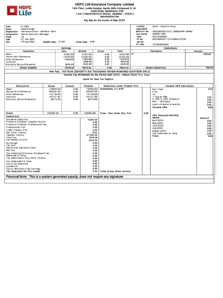 May 2025 Payslip for Aastha Singh | PDF | Tax Deduction | Taxes