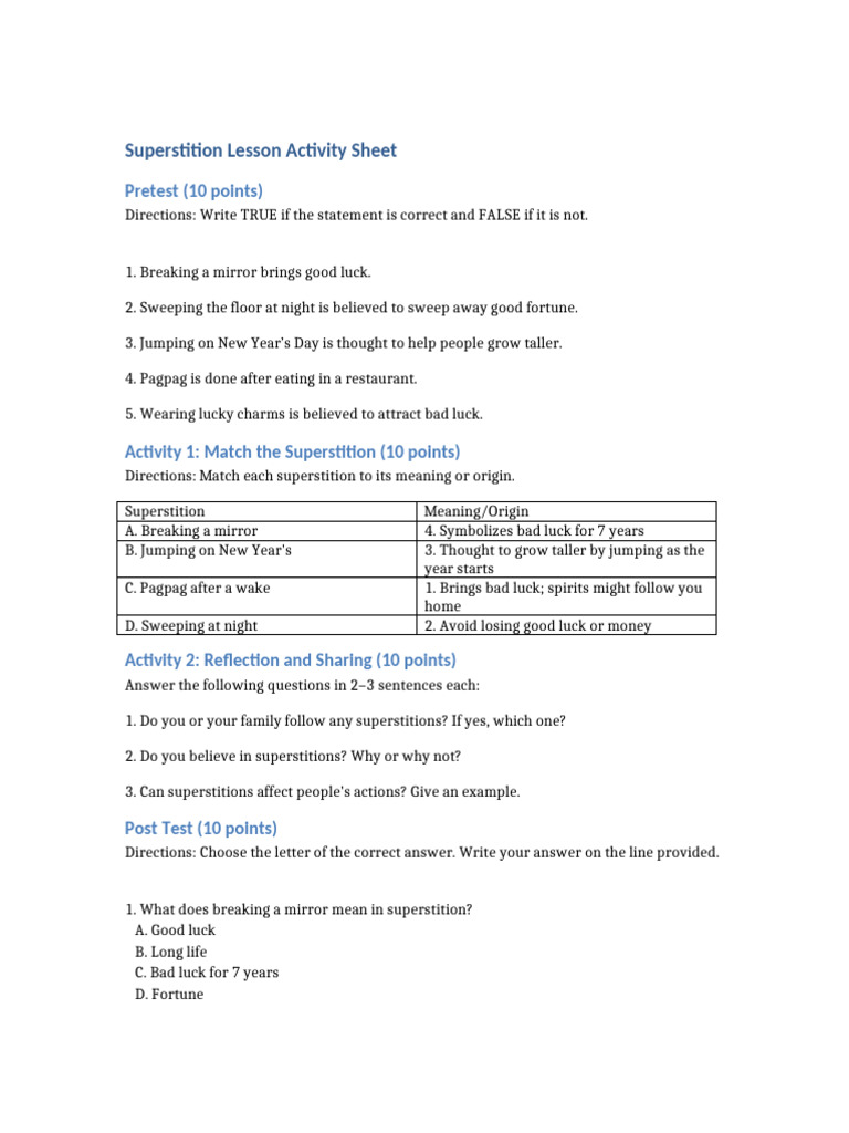 Superstition Pretest Activity Posttest | PDF