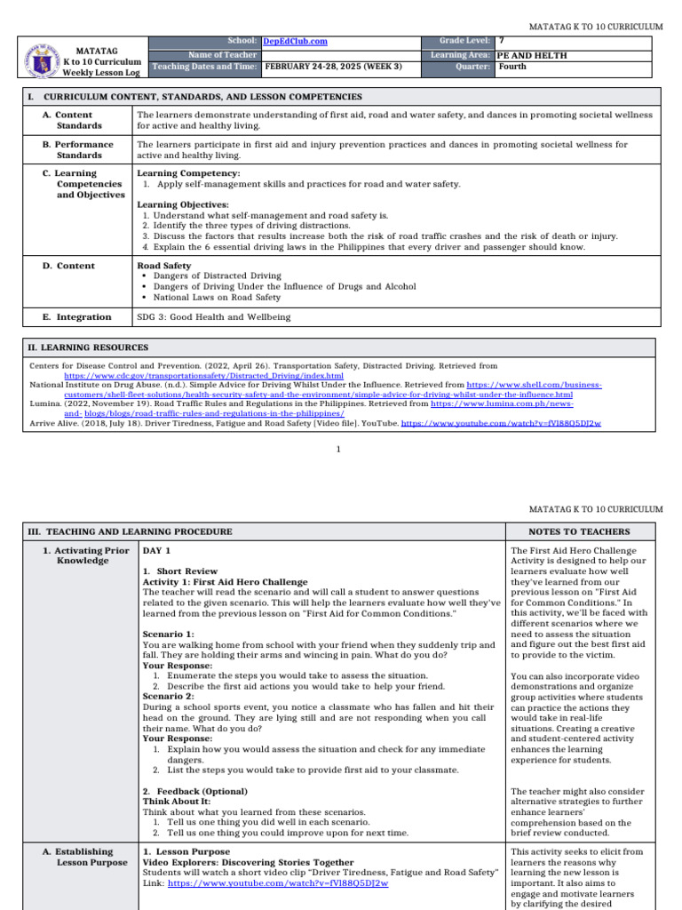 K-10 PE & Health: Road Safety Lessons | PDF | Learning | Driving Under ...
