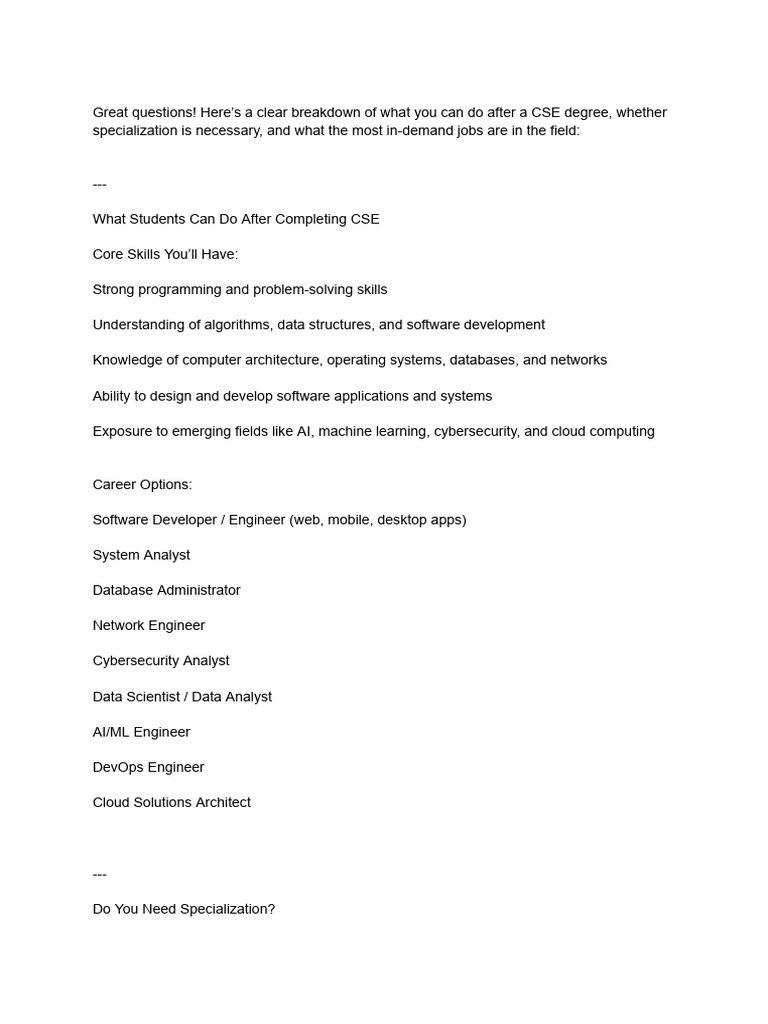 Career Paths After CSE Degree | PDF