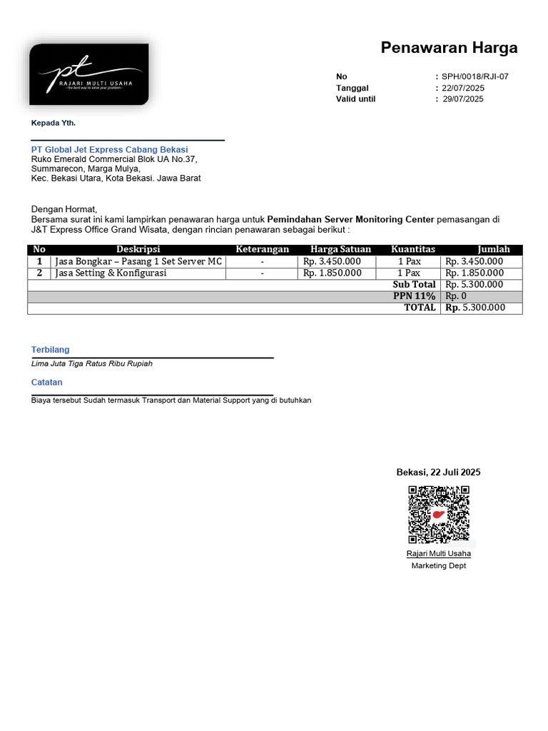 Penawaran Harga Pemindahan Server J&T | PDF