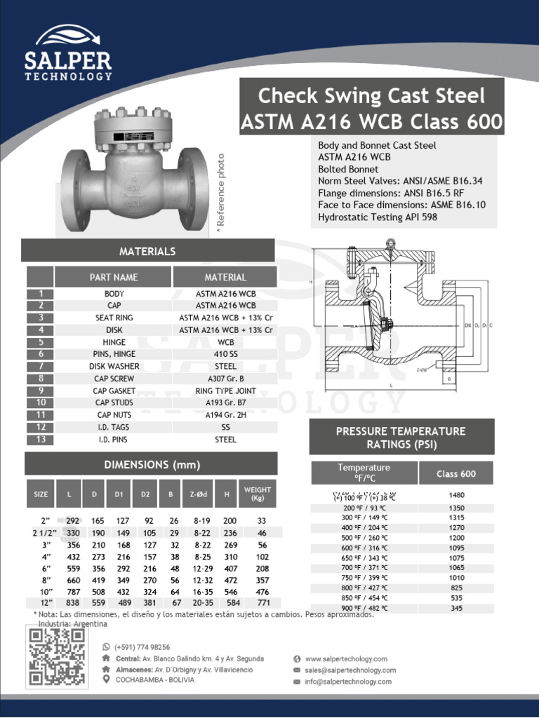 Válvula Check Swing Acero Al Carbono Astm A216 WCB Asiento 13 Cr. Clase 600 Bridada Ansi b16.5 ...