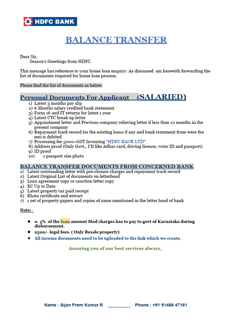 HDFC Home Loan Balance Transfer Documents | PDF