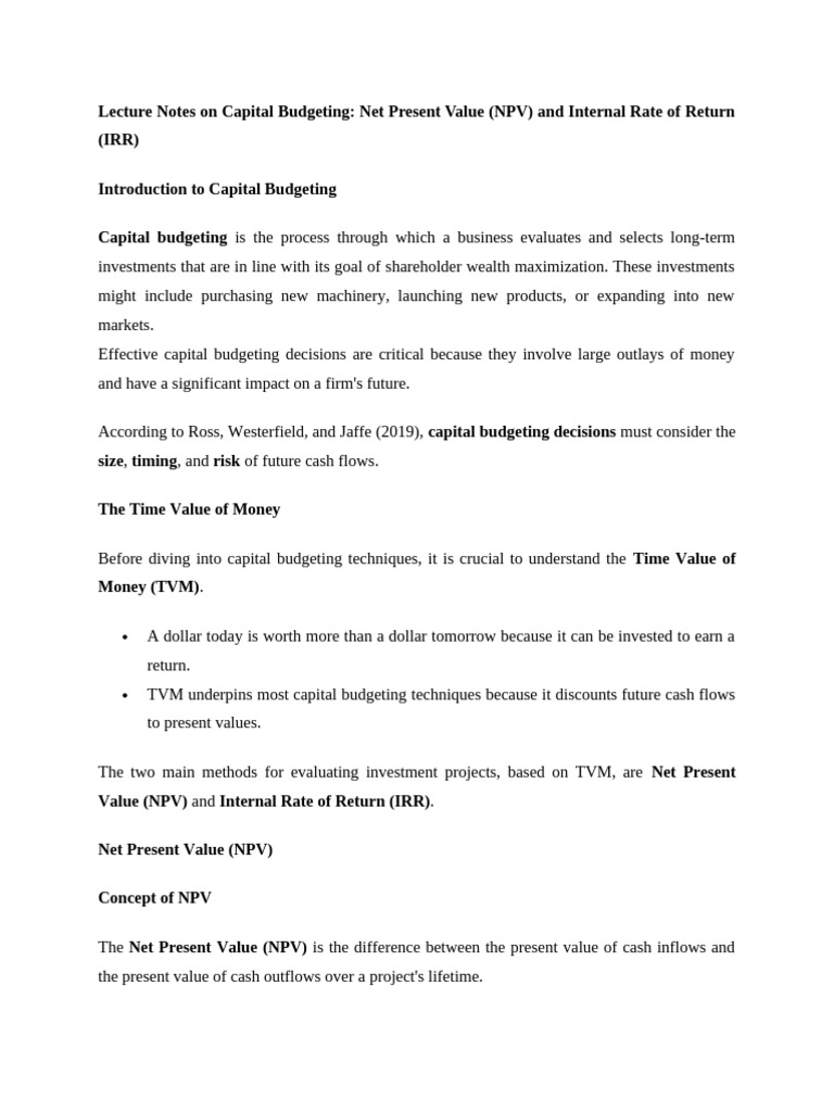 Capital Budgeting: NPV vs. IRR Explained | PDF | Capital Budgeting ...