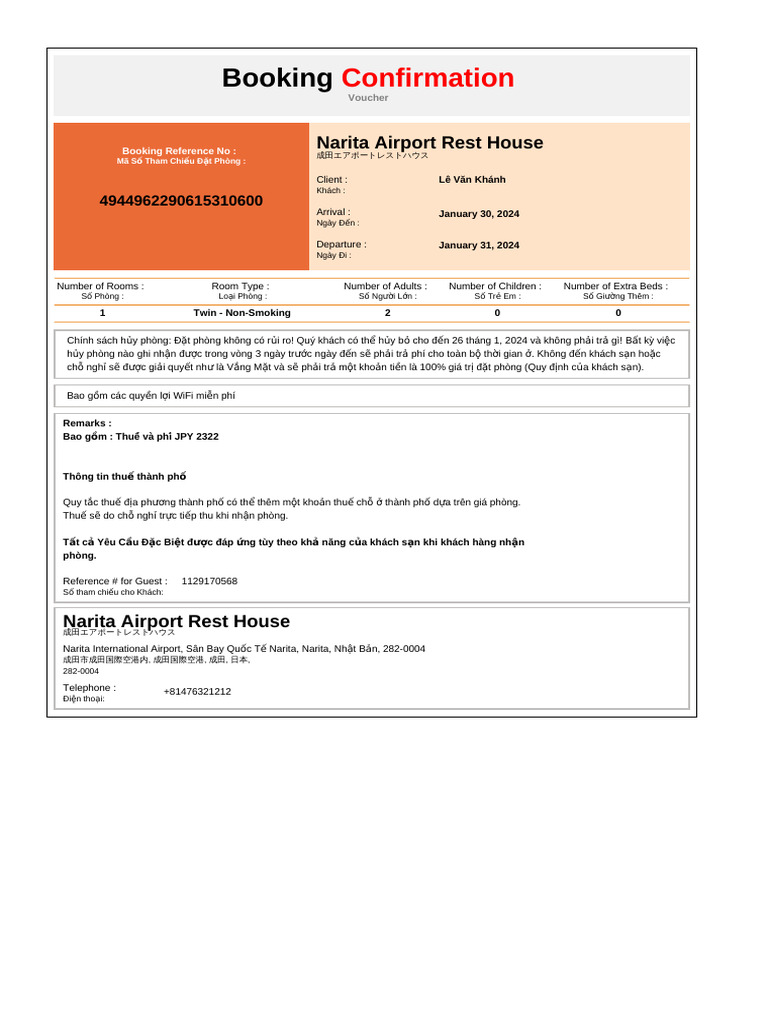Confirmation For Booking ID # 1129170568 | PDF