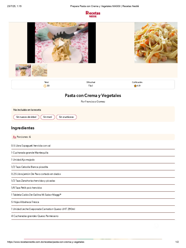 Prepara Pasta Con Crema y Vegetales MAGGI - Recetas Nestlé | PDF