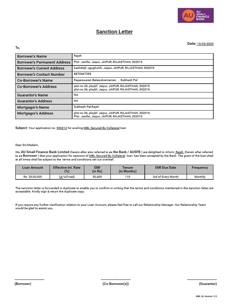 Sanction Letter 70e16120 Ffef 11ef Bf2e Ff21c18ae34c | PDF | Loans ...
