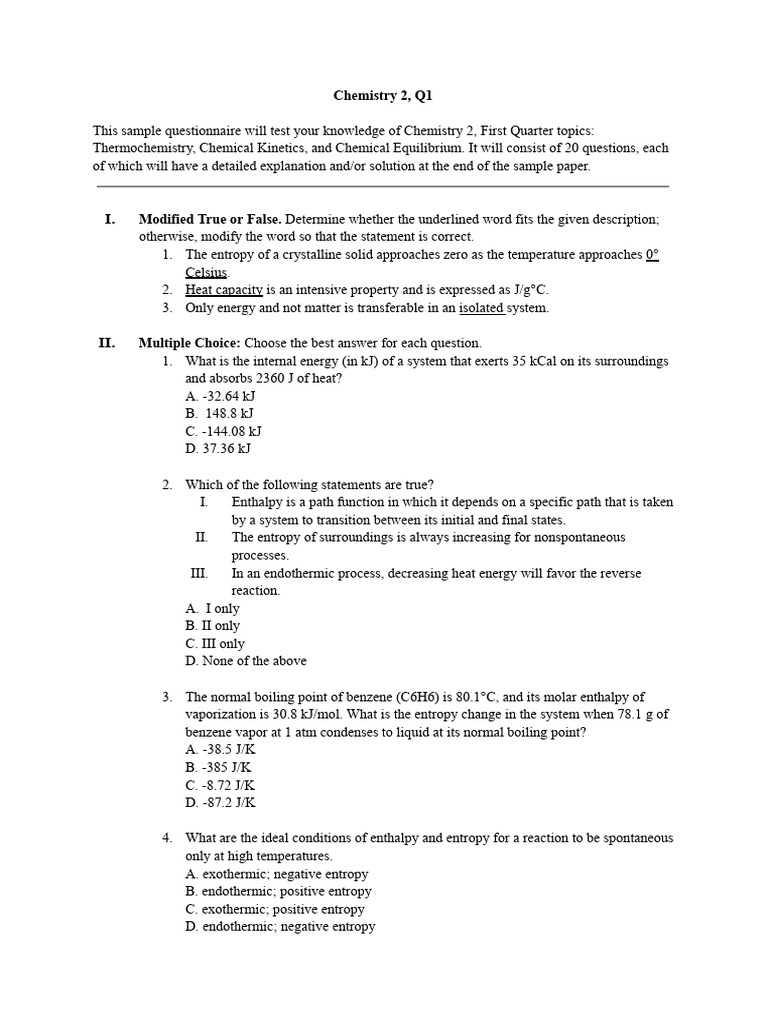 Questionnaire and Answer Key | PDF | Entropy | Enthalpy