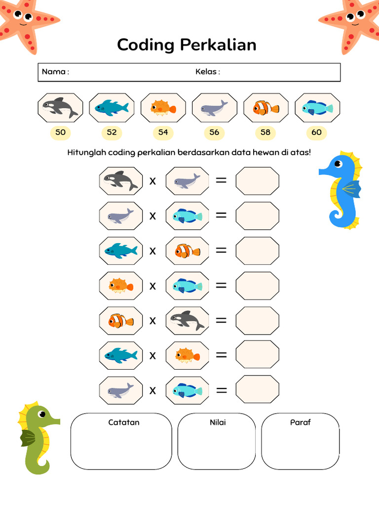 Lembar Kerja Coding Perkalian Warna Warni Gaya Ilustratif Sederhana | PDF