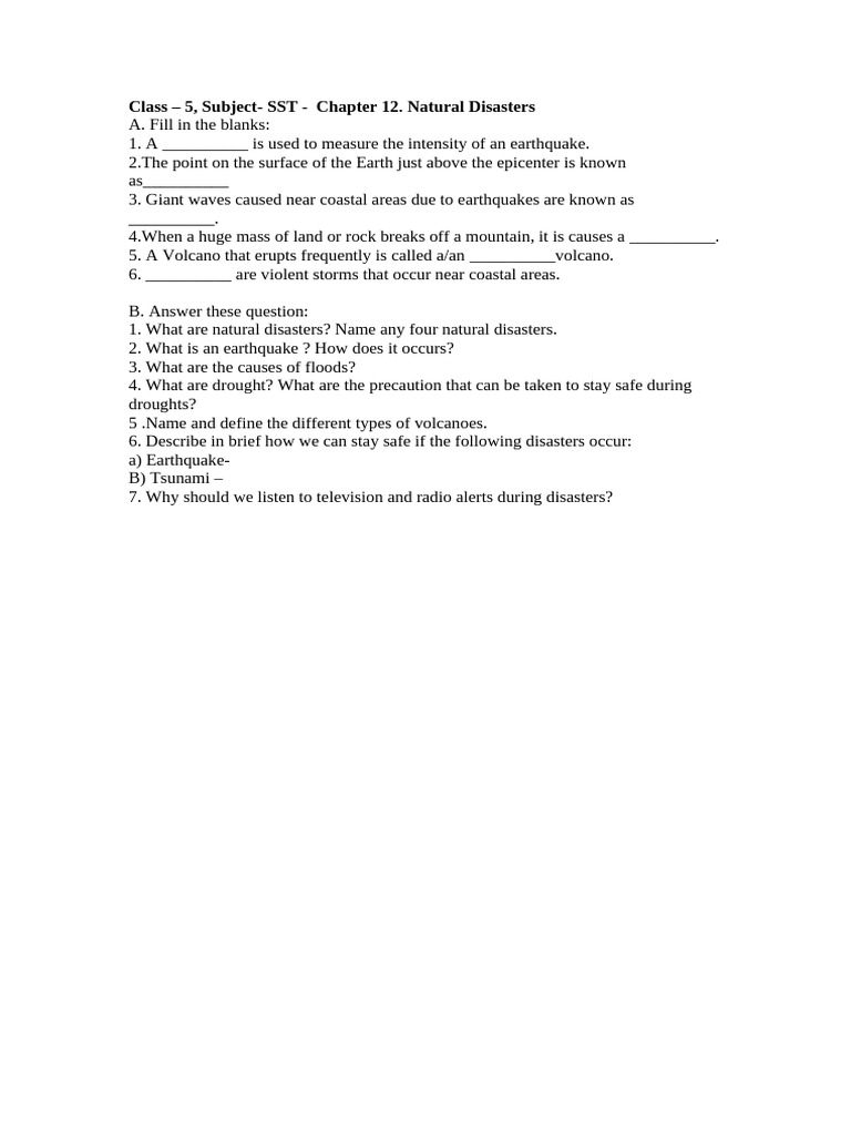 Class 5 Natural Disasters Worksheet | PDF