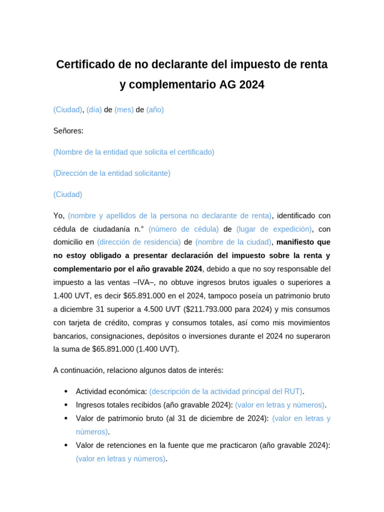 Certificado de No Declarante Del Impuesto de Renta y Complementario AG 2024 | PDF | Economias