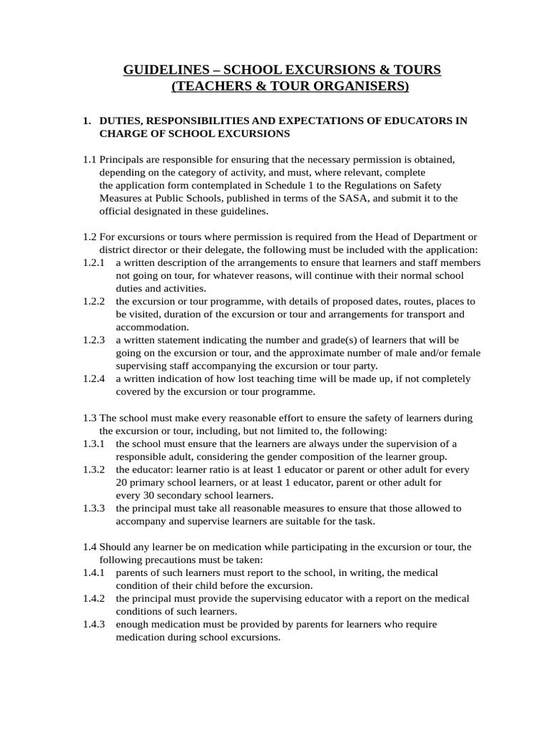 School Excursion Guidelines for Educators | PDF