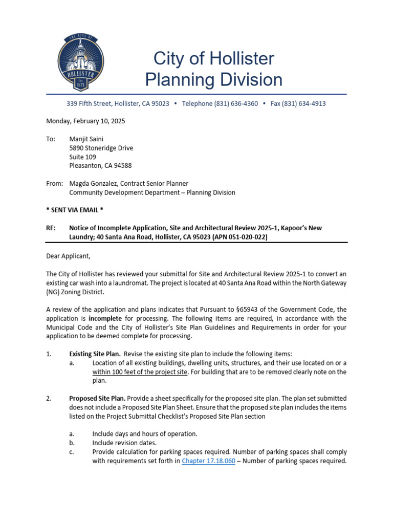 Notice of Incomplete - S&a 2025-1-40 Santa Ana | PDF | Truck | Door