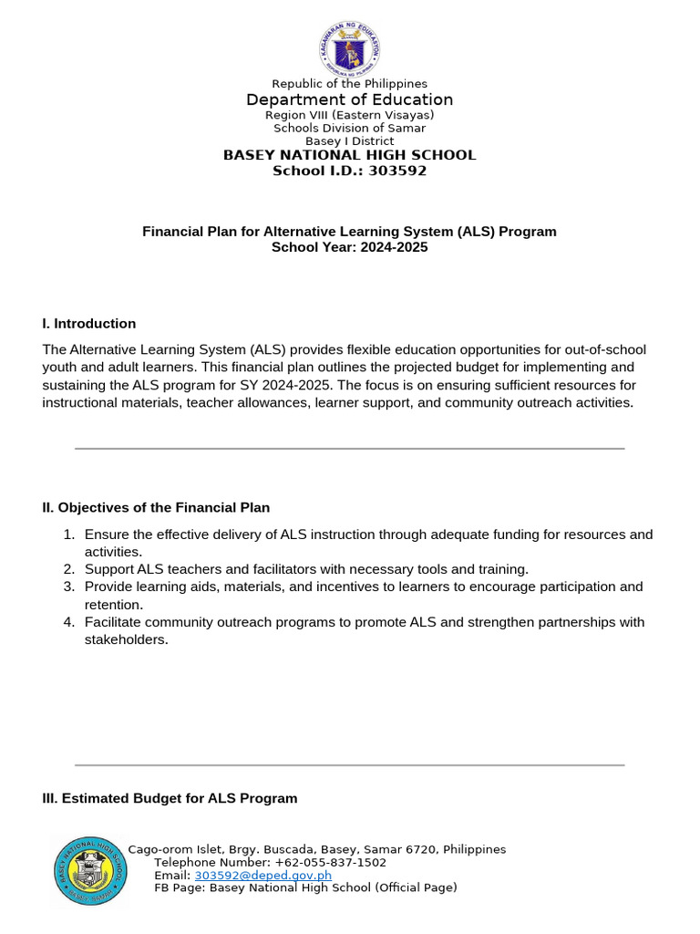 Als SHS Proposed Budget - Sy 2024-2025 | PDF