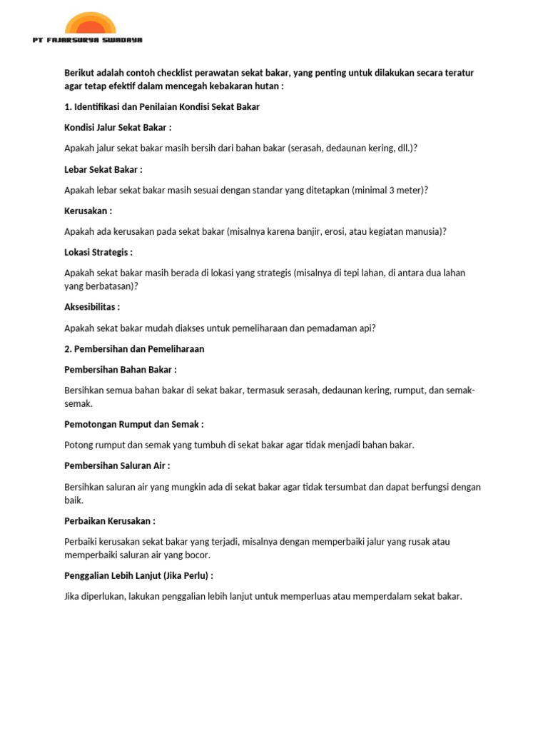 Berikut Adalah Contoh Checklist Perawatan Sekat Bakar | PDF