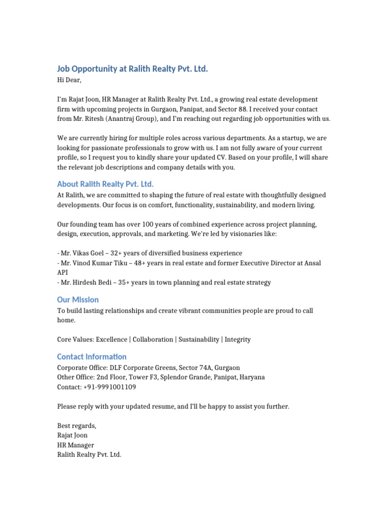 Ralith Job Opportunity Letter | PDF
