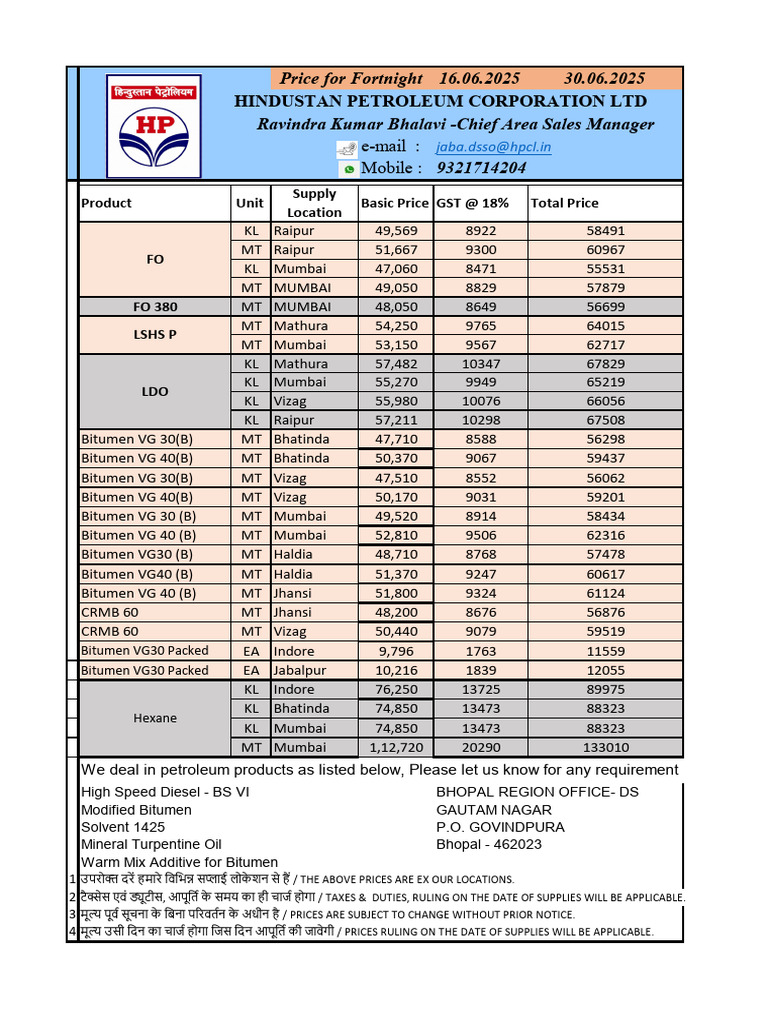 HPCL Bitumen Price List June 2025 | PDF | Resource Extraction | Fuels