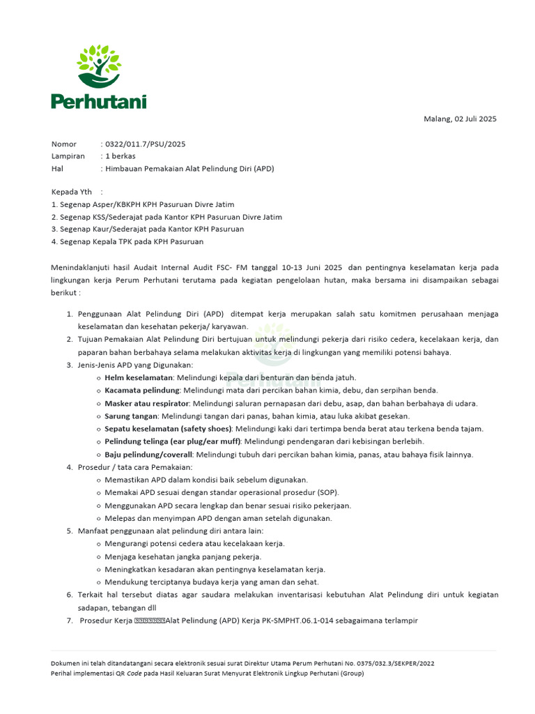 Himbauan Pemakaian APD di KPH Pasuruan | PDF