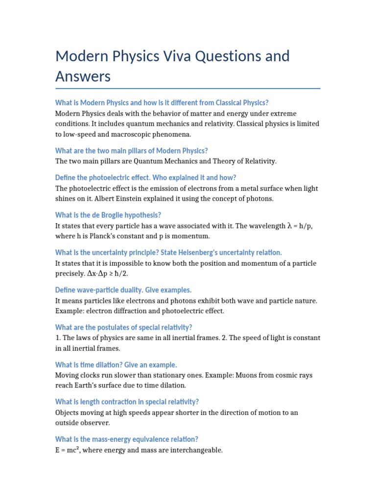 Modern Physics Viva QA Complete | PDF | Photoelectric Effect | Radioactive Decay