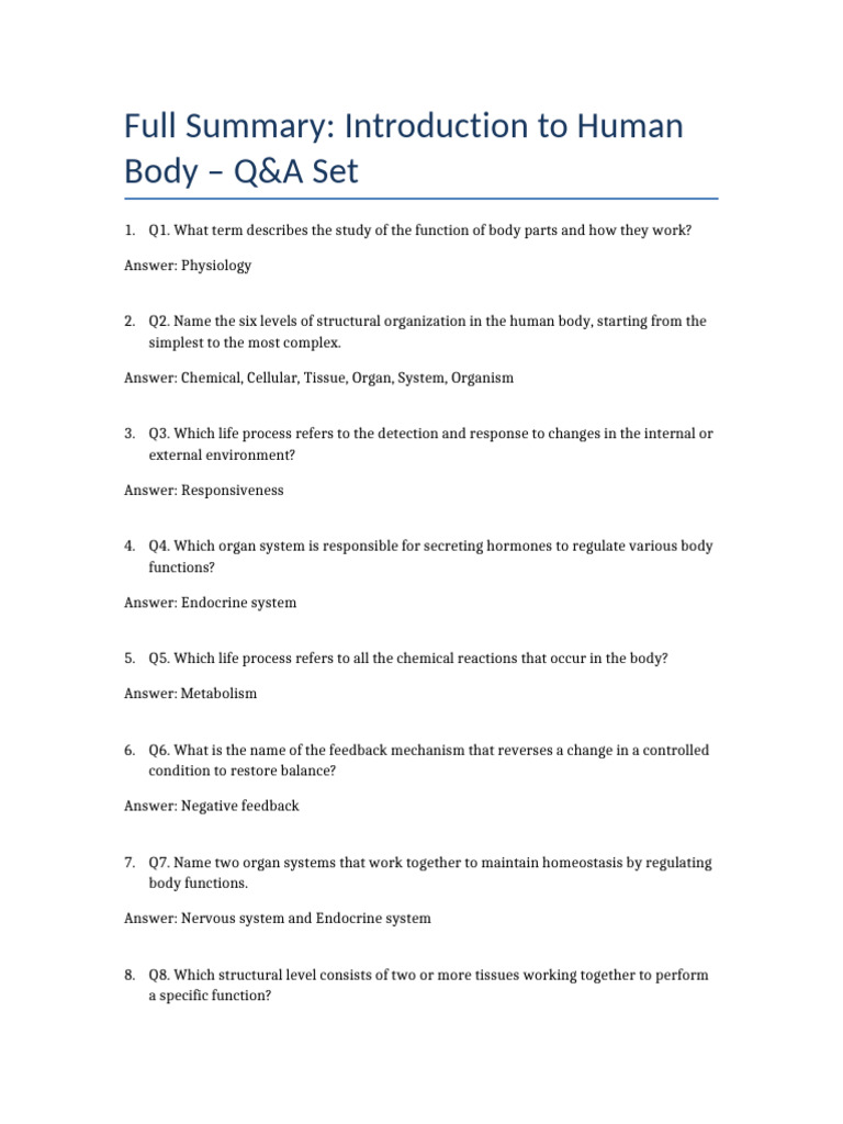 Introduction To Human Body QA Summary | PDF | Lymphatic System | Animal Anatomy