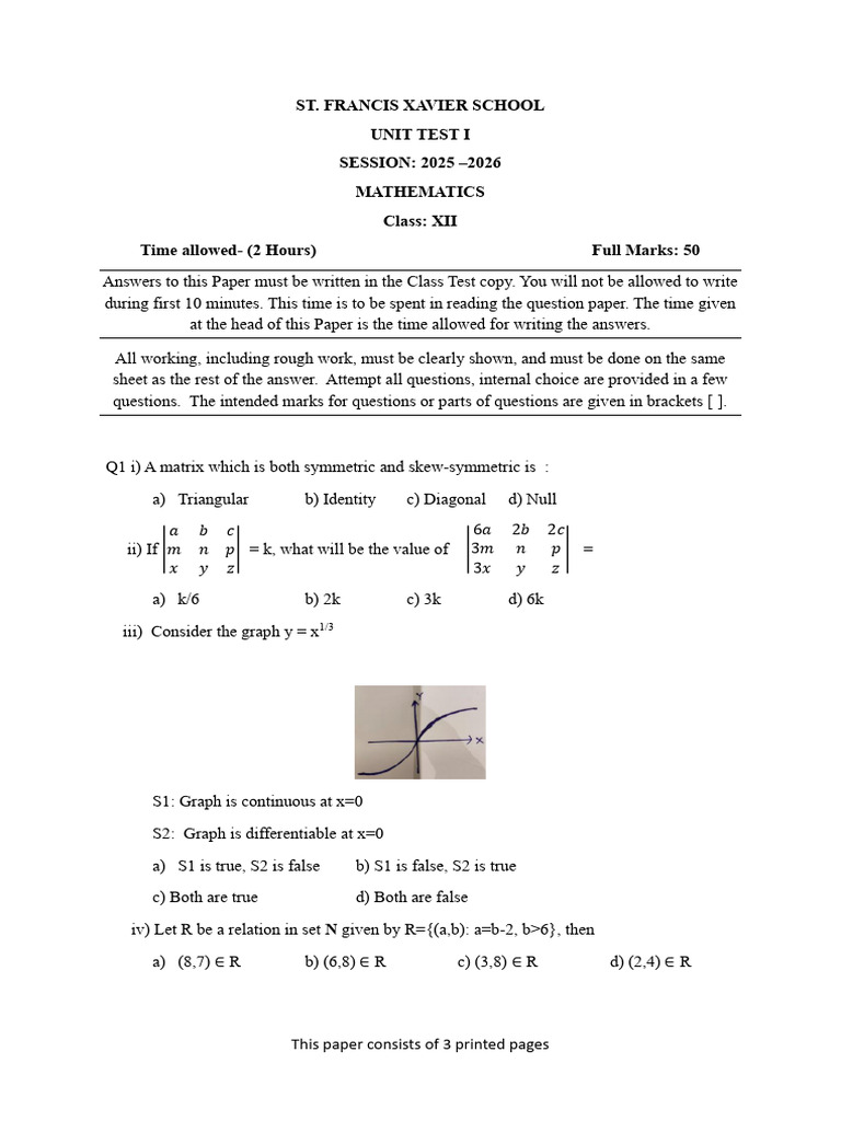 St. Francis Xavier XII Math Unit Test | PDF | Mathematical Physics ...