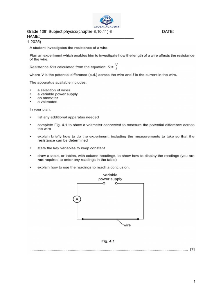 Grade 10th Subject - Physics (Chapter-8,10,11) 6 WITH ANSWE KEY | PDF