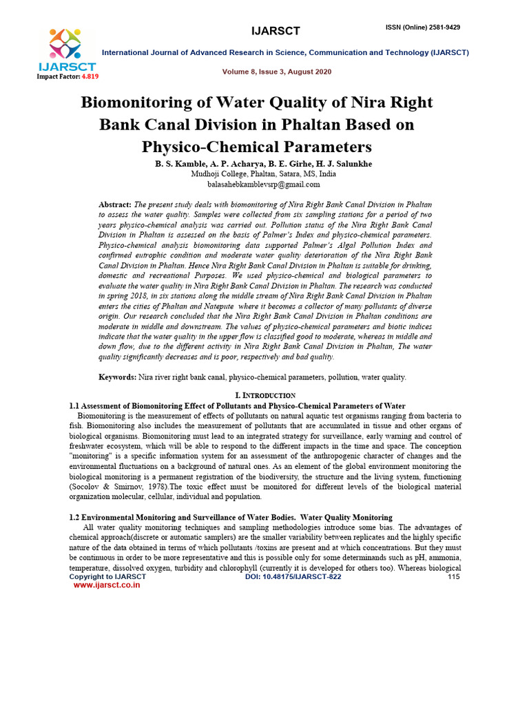 Biomonitoring of Water Quality of Nira Right Bank Canal Division in ...