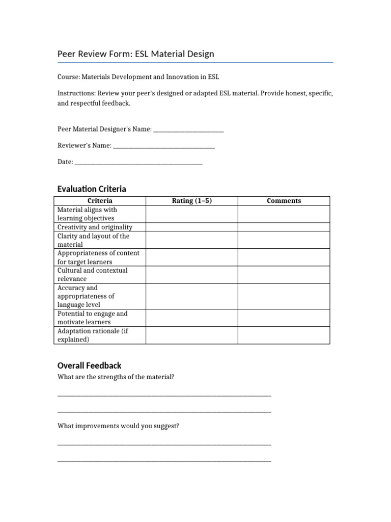 ESL Material Peer Review Form | PDF