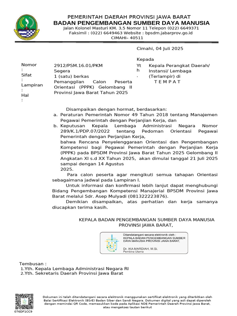 PKM Surat Pemanggilan PPPK Gelombang II Angkatan Xi-Xx Tahun 2025 E0e15da3 Signed | PDF