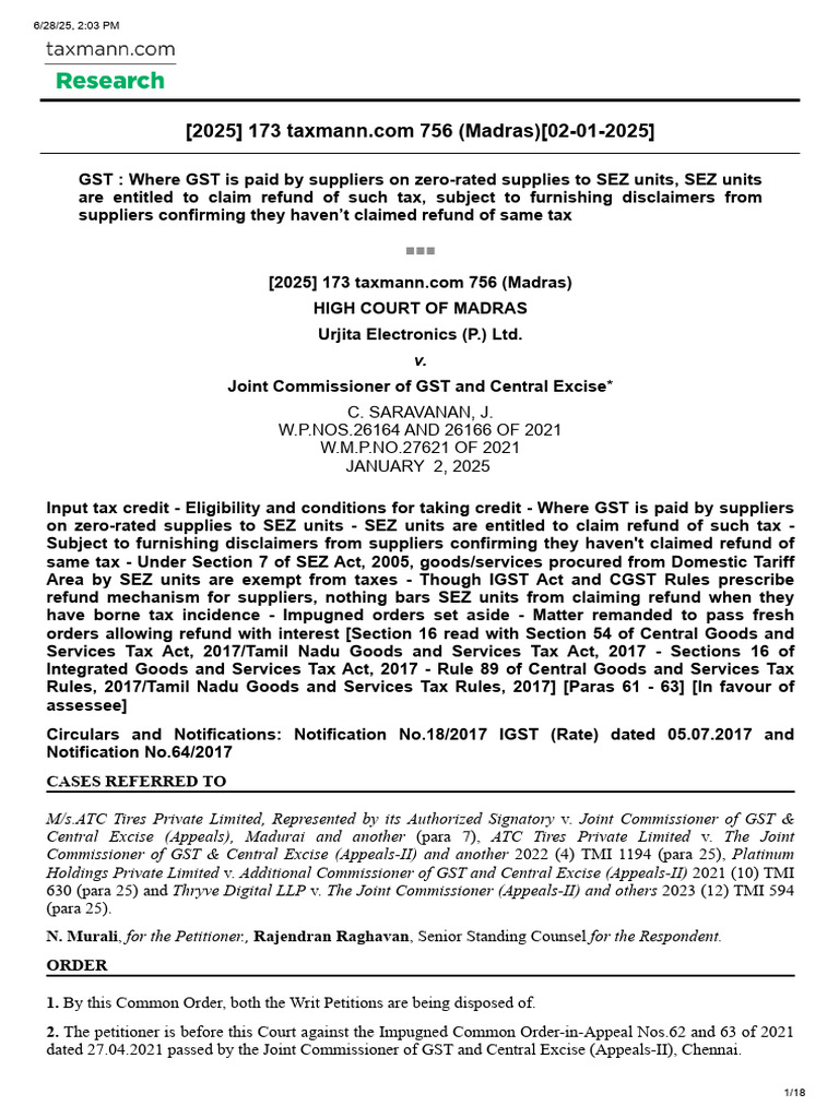 Urjita Electronics Pvt ltd vs Joint Commissioner of GST & Central ...
