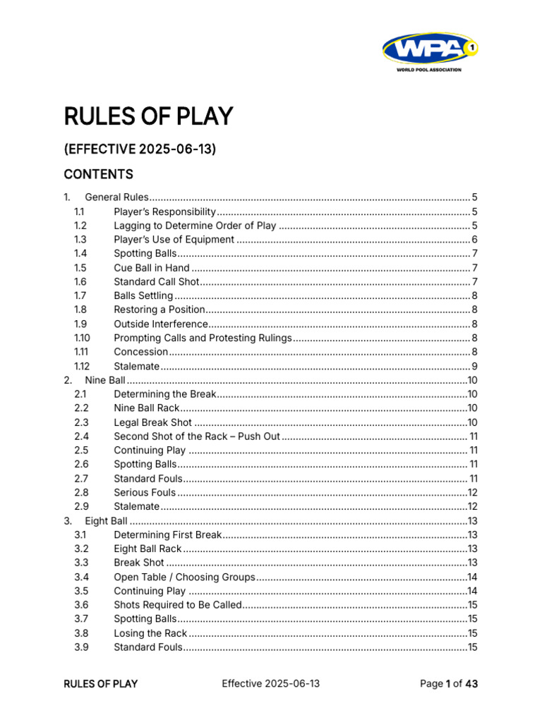 WPA Pool Rules June-2025 | PDF | Pool (Cue Sports) | Ball Games