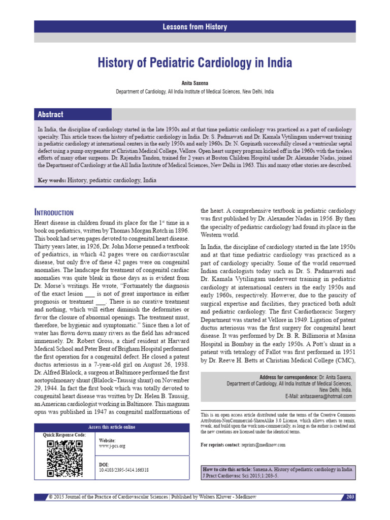 History of Pediatric Cardiology in India | PDF | Cardiology ...