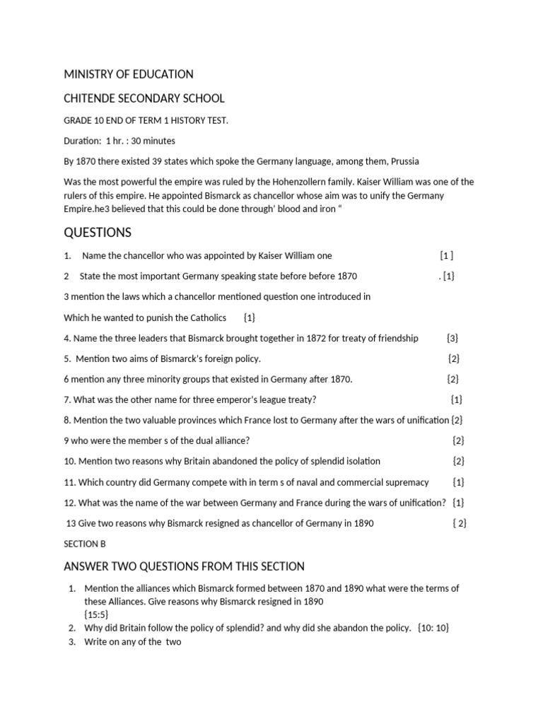 Grade 10 History Test: Germany Unification | PDF