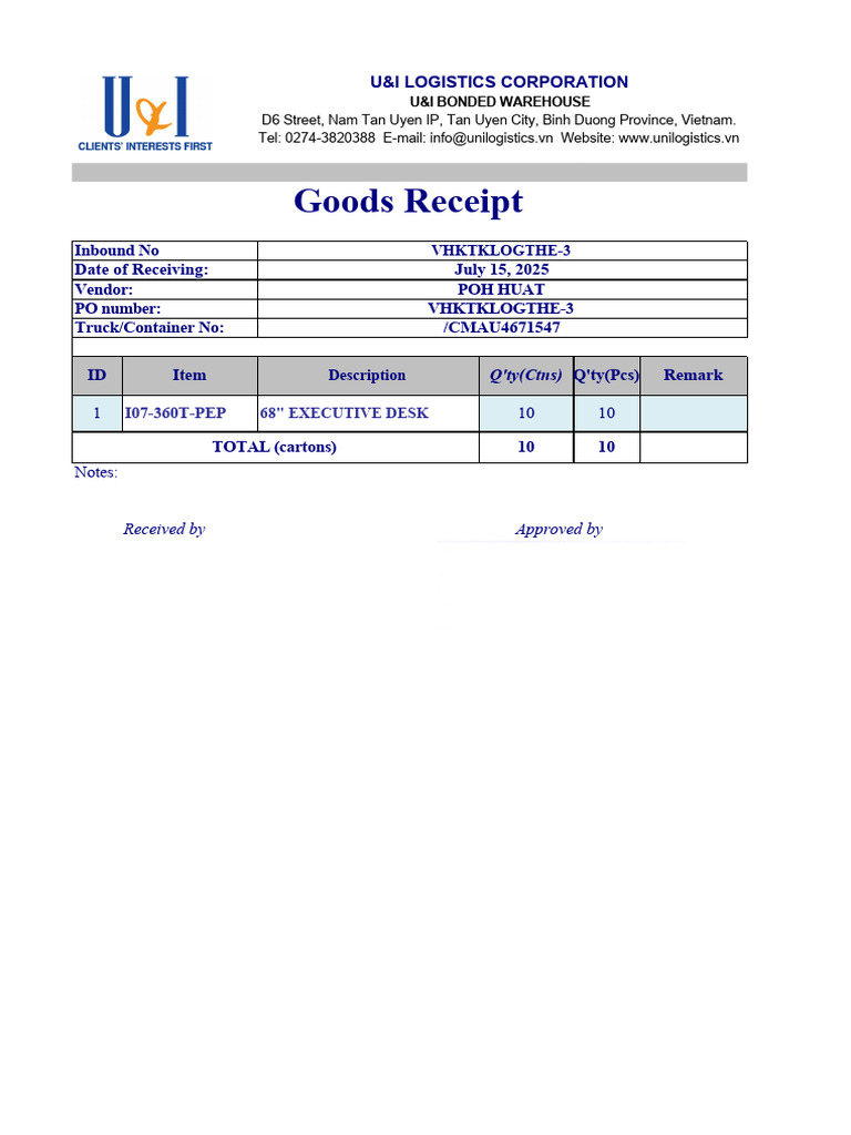 U&I Logistics Goods Receipt Report | PDF