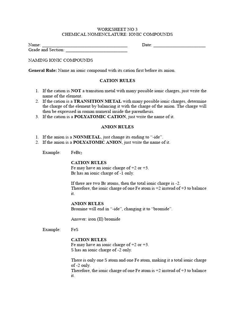 Worksheet No. 3 Chemical Nomenclature Ionic Compounds | PDF | Ion ...