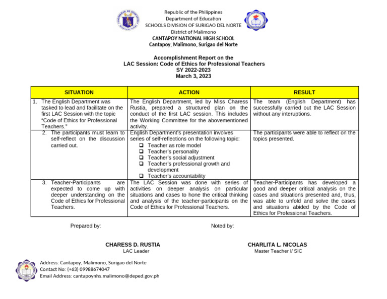 LAC Accomplishment Report | PDF | Cognition | Learning