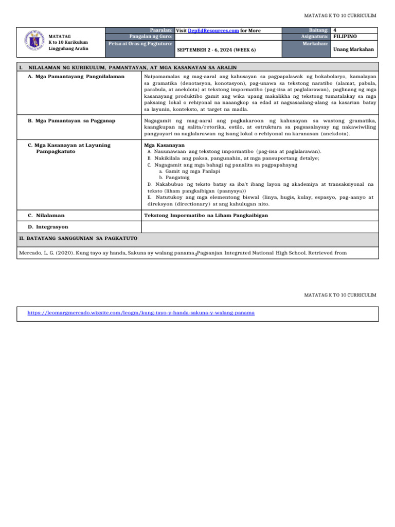 DLL Matatag - Filipino 4 q1 w6 | PDF