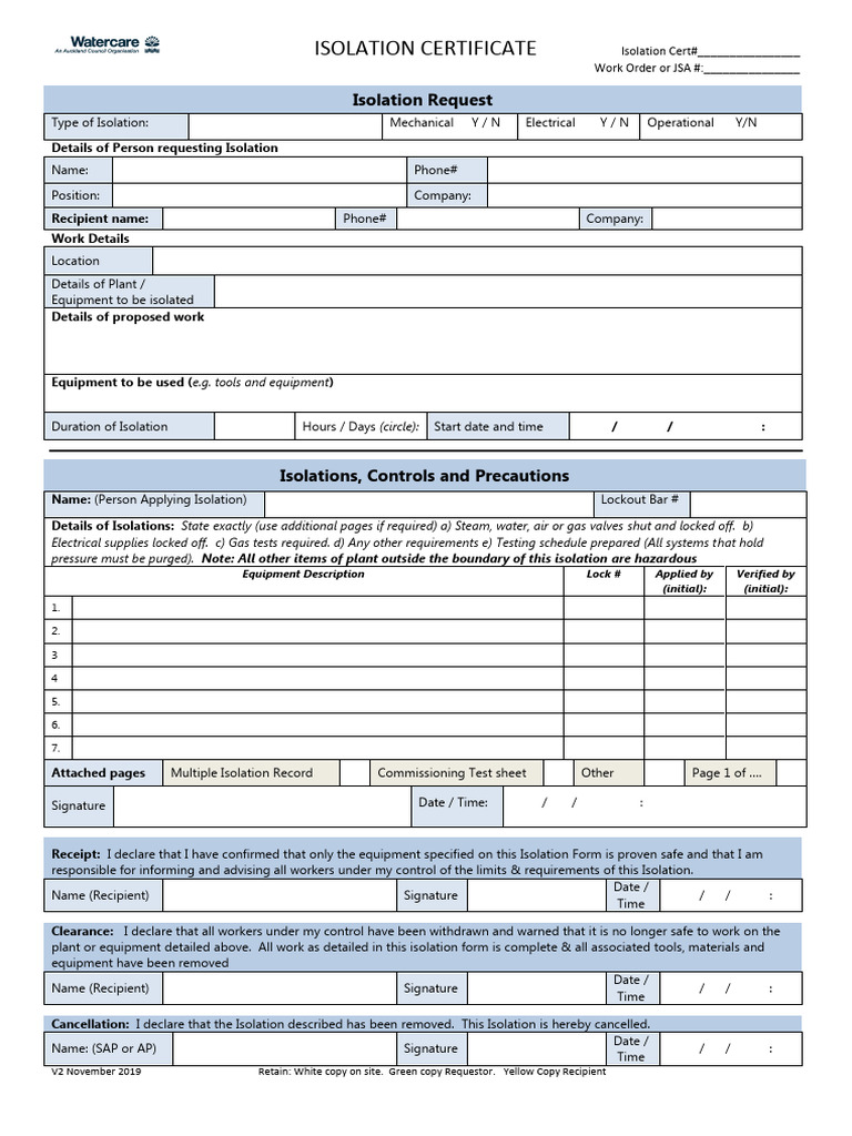 Watercare Nov 2019 Isolation Certificate Final | PDF