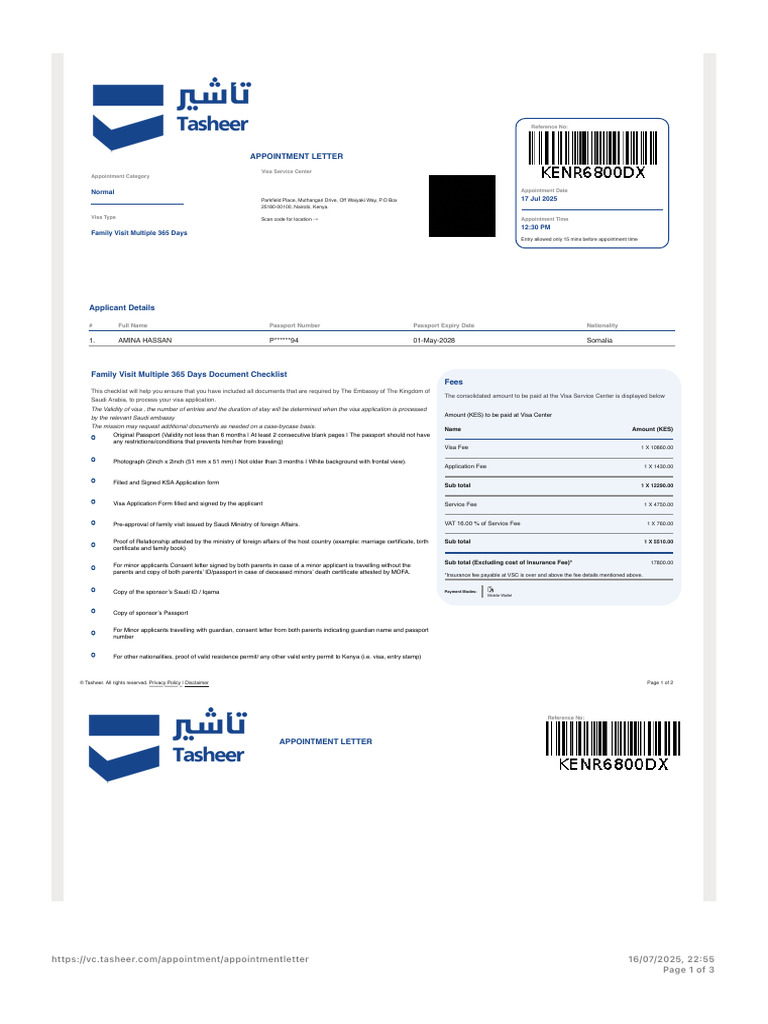 Tasheer Visa Appointment Details | PDF | Travel Visa | Passport