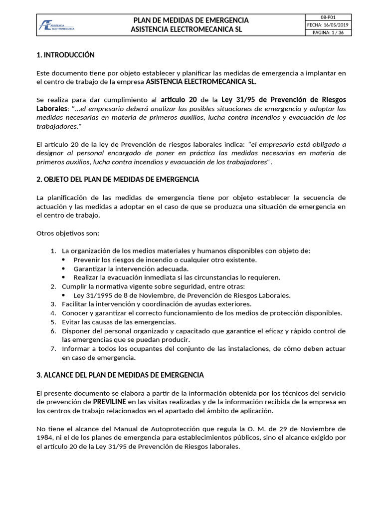 08 d01 Plan de Medidas de Emergencias | PDF | Primeros auxilios | Codo