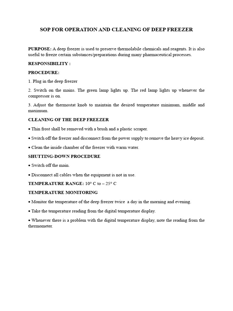 Deep Freezer Operation & Cleaning SOP | PDF