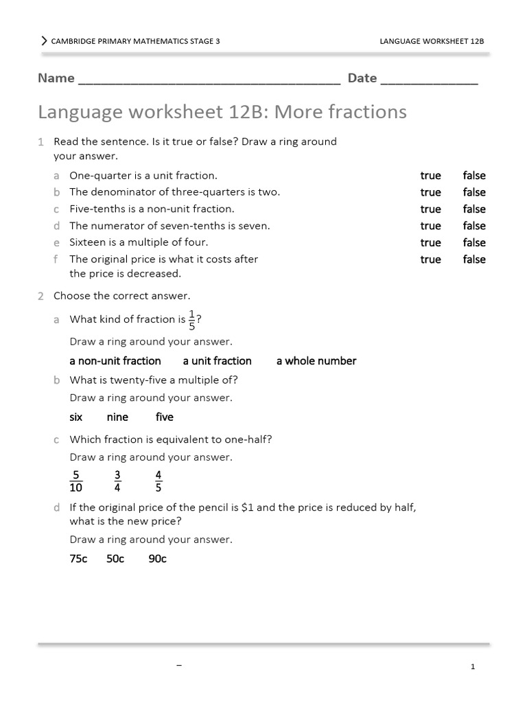 Stage 3 Fractions Worksheet | PDF