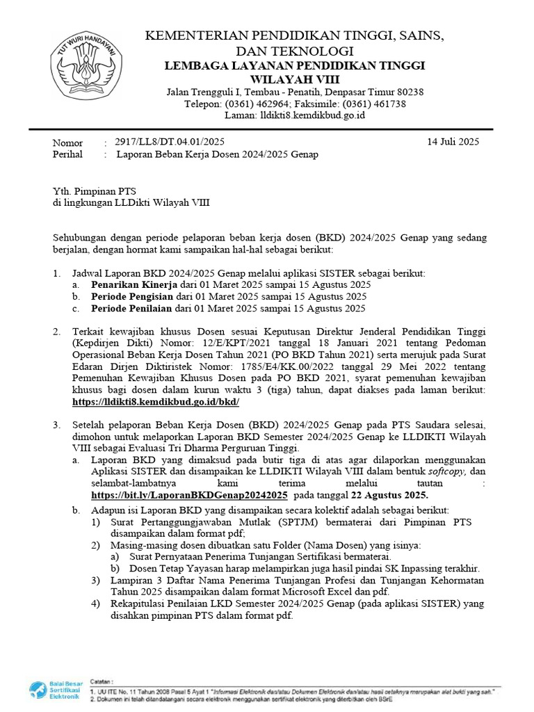 Surat Laporan BKD Genap 2024 2025 | PDF